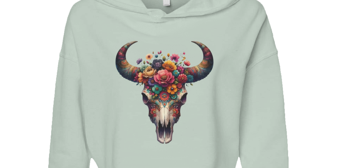 Buffalo Skull with Flowers Cropped Hoodie - Dark & Boho Chic Hoodie | MerchYeah